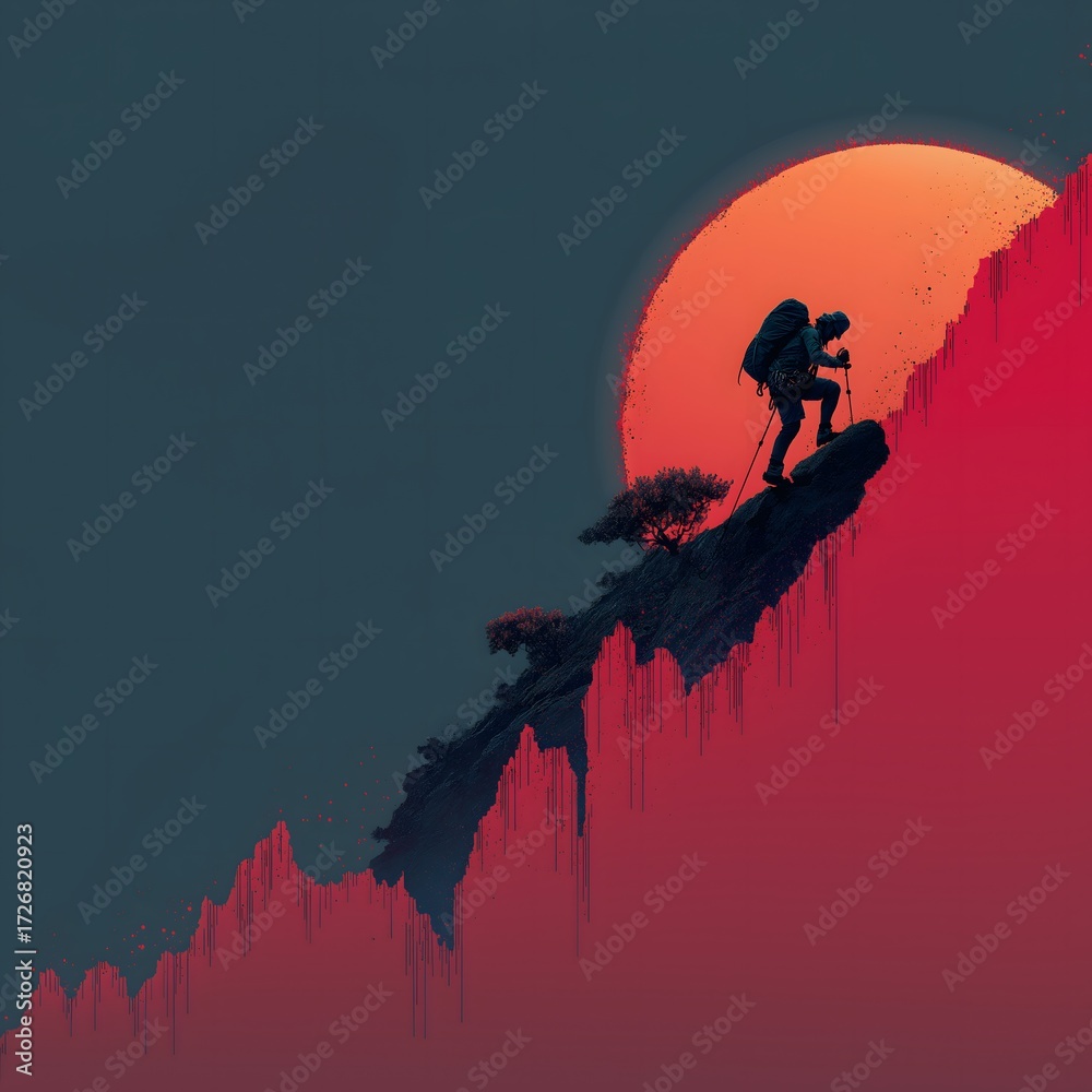 Hiker climbing a steep mountain trail with abstract red elevation chart ...