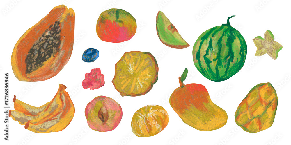 Minimalist tropical fruit clip art illustrations created with wax ...