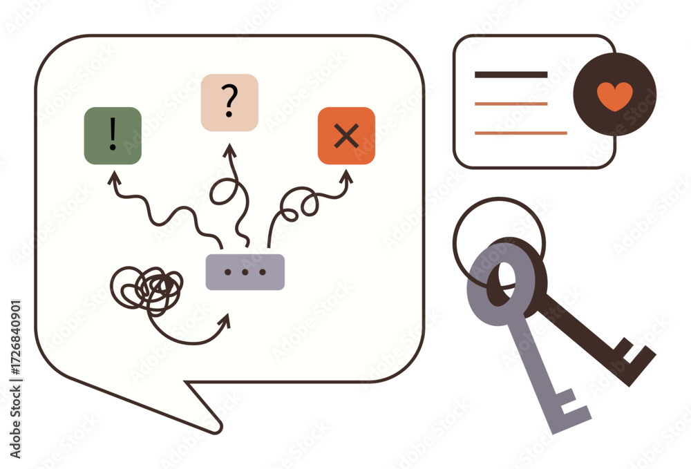 Speech bubble with decision flow diagrams, exclamation point, question ...