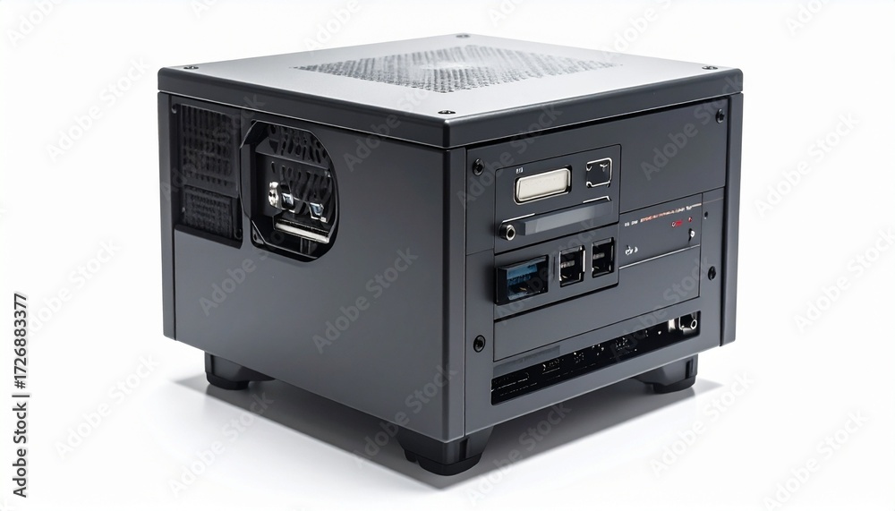 Compact cube-shaped black computer case with visible rear ports ...