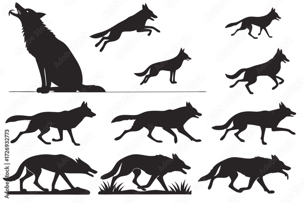 Silhouette vector of wolves in various poses howling running jumping ...