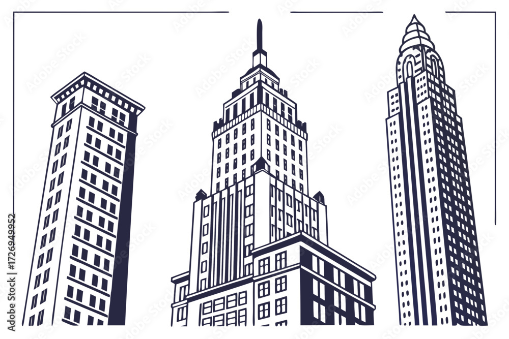 Illustration of three tall buildings with detailed windows and ...