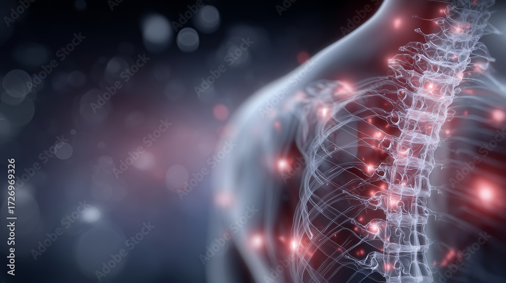 Spine illustration, red glowing pressure points, labeled nerves and ...