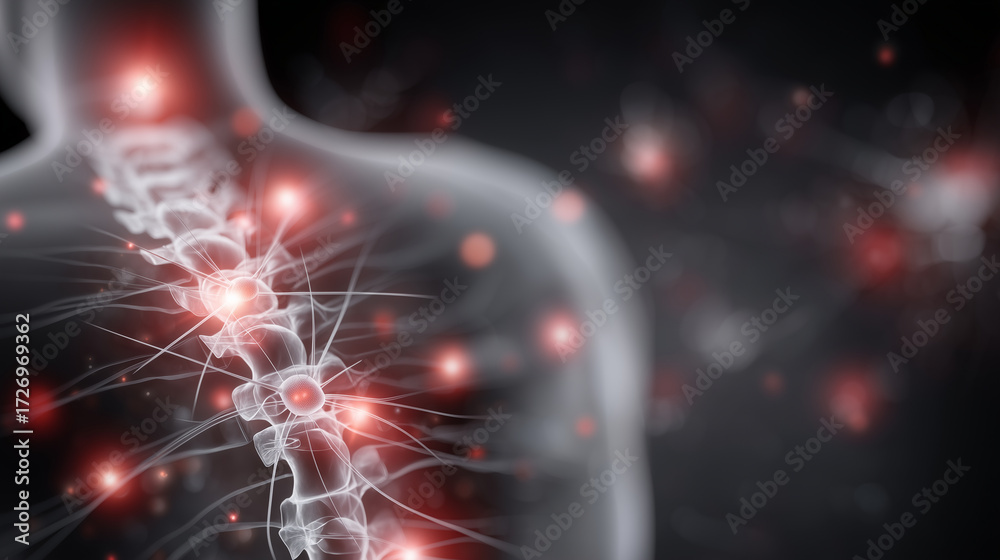 Spine illustration, red glowing pressure points, labeled nerves and ...