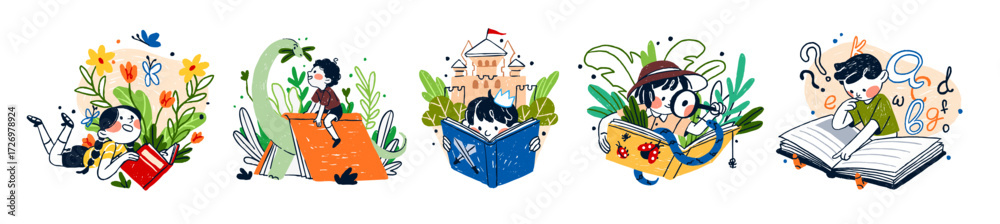 Set of happy kids reading paper books. Cute children are learning with ...