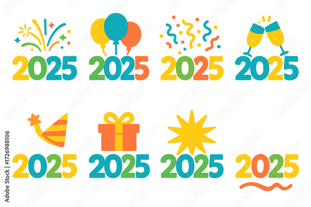 Stock-Vektorgrafik „Festive 2025 Icons. Festive 2025 in modern flat ...