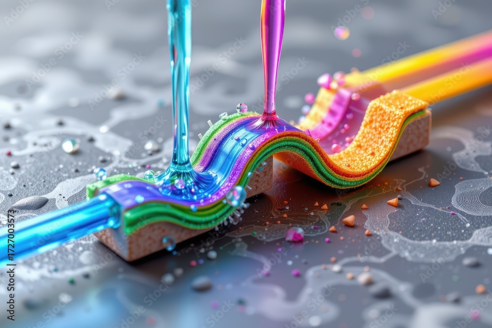 side view of zigzag passive mixer, colored fluids blending through ...