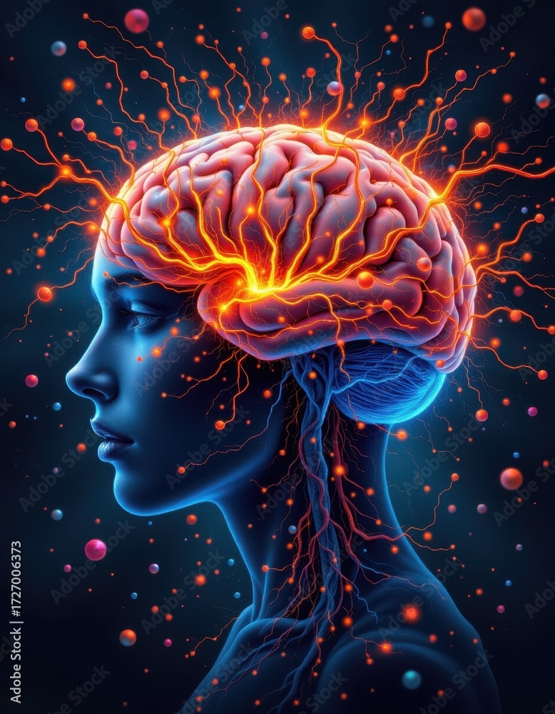 human brain under chronic stress, glowing neural circuits misfiring ...