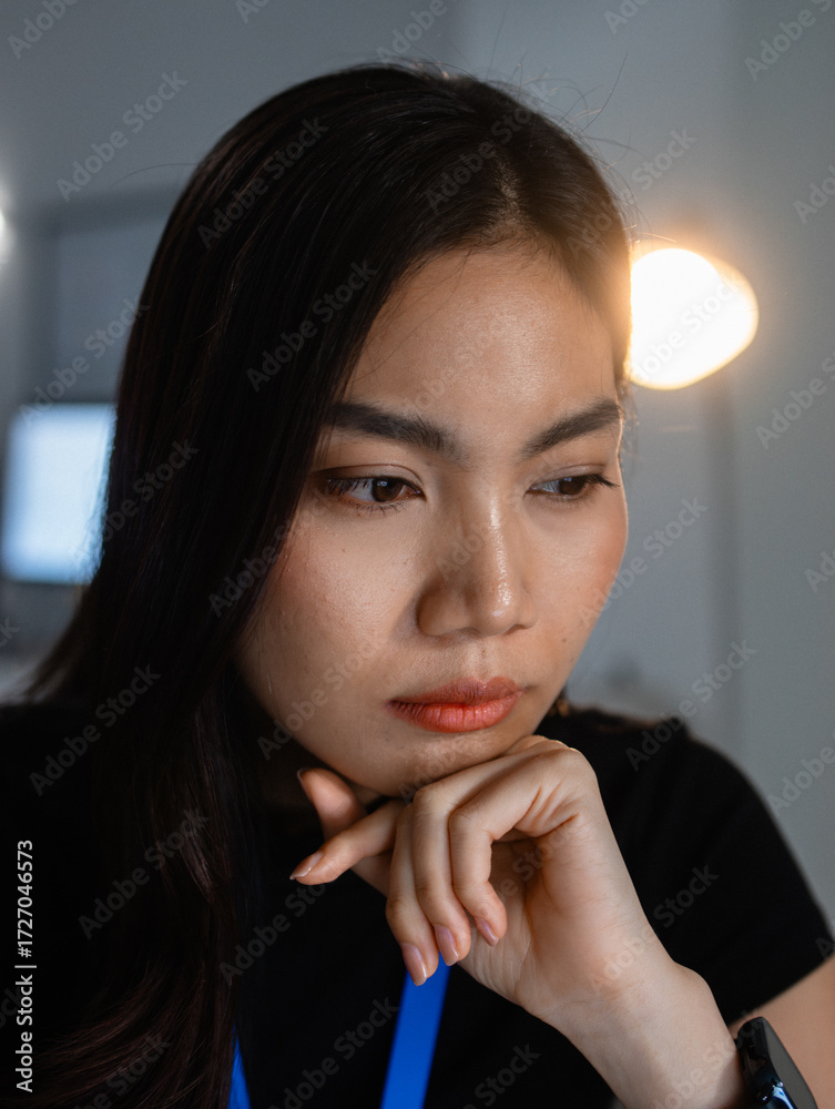 Thinking and Reviewing Programming Data, Focused Asian Female Software Developer Analyzing ...