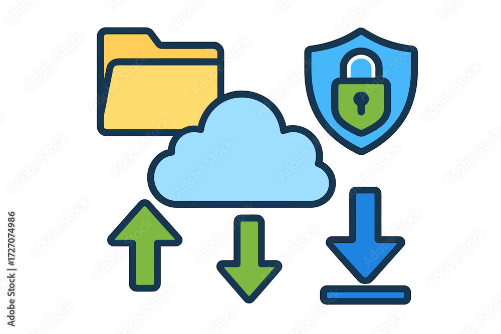 Cloud storage with upload and download icons, data security, and file ...