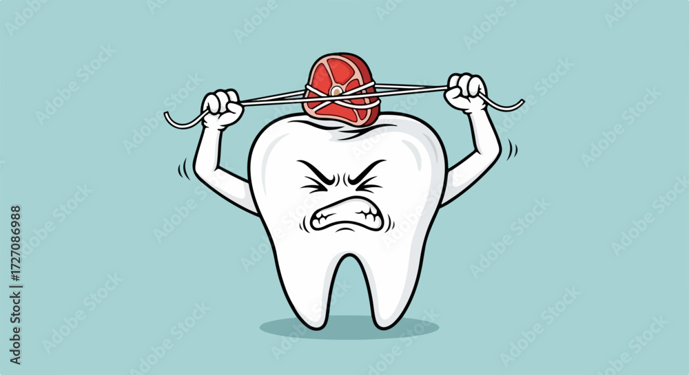 Cartoon tooth character struggling with meat stuck between enamel ...