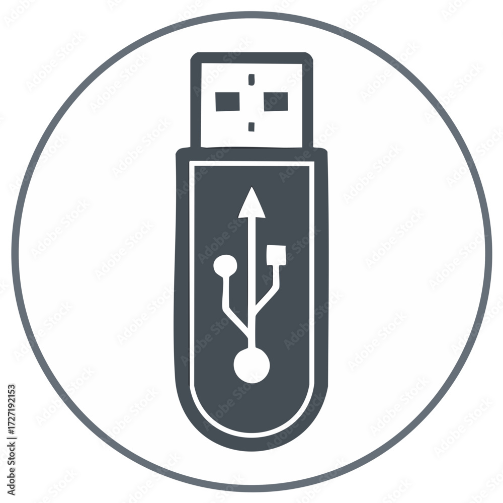Circular Icon of a USB Flash Drive with the Universal Serial Bus Symbol ...