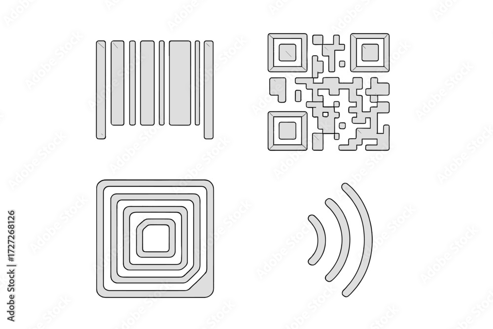 Different types of codes including barcodes, QR codes, and RFID tags ...