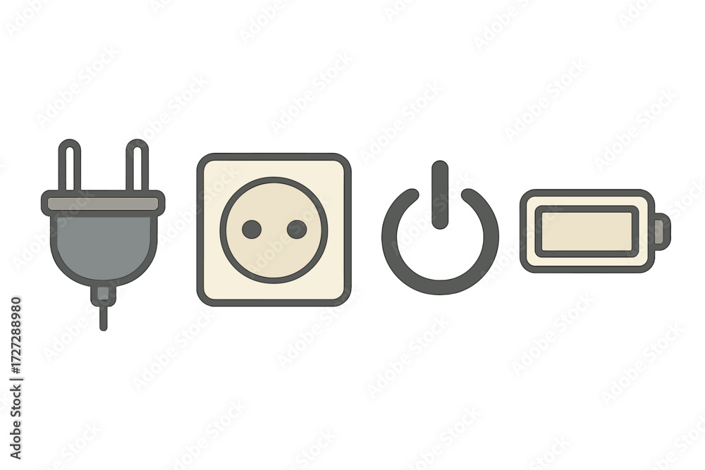 Illustration showing various electrical icons depicting a plug, outlet ...