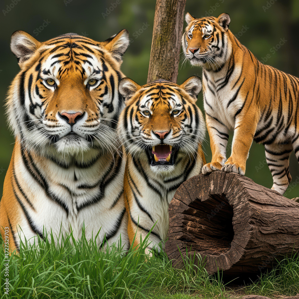 Union of three Siberian tigers, a portrait of strength and family bond ...