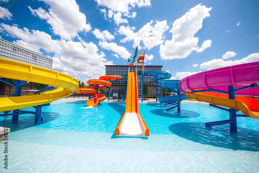 Generative AI bright water park slides under blue sky. Stock Photo ...