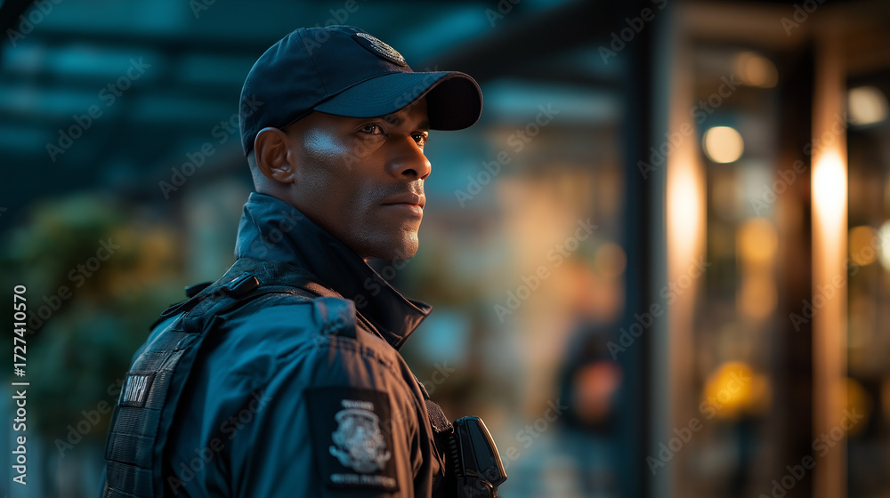 A security guard monitors a facility hyper realistic uniform details ...