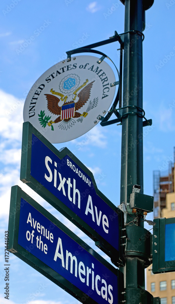 New York, NY, USA - August 24, 2025: road sign combination at an ...