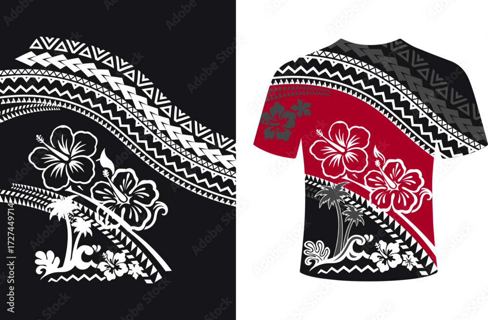 Polynesian Tribal T-Shirt Design Featuring Hibiscus Flowers and ...