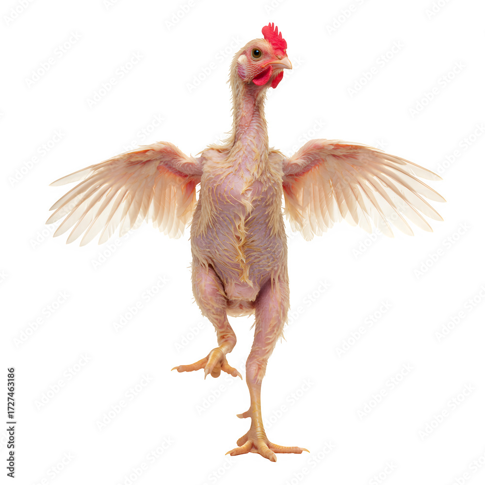 Funny featherless chicken standing and dancing pose, isolated on white ...