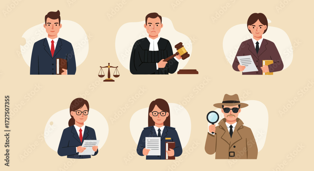 Six cartoon depictions of legal and investigative professionals ...