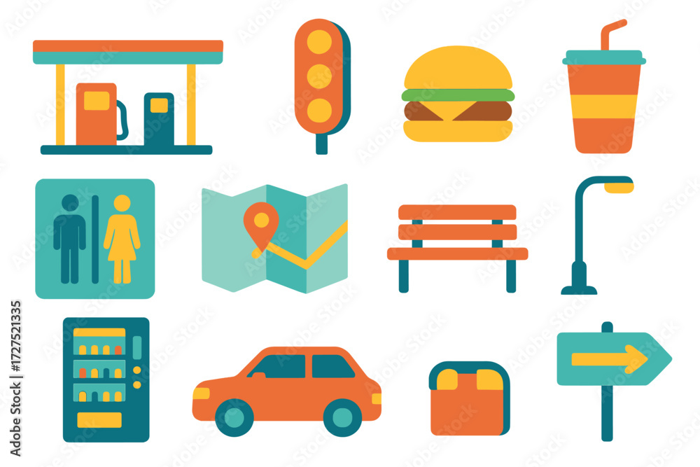 Vibrant Highway Icons. Highway pit stop in modern flat vector : gas ...
