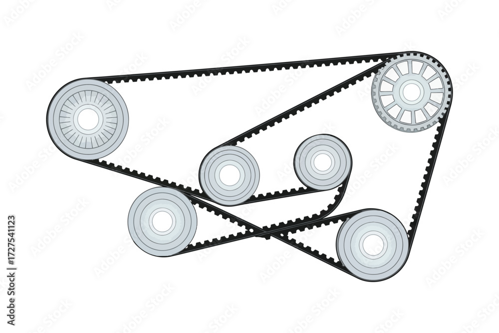 Vector art of timing belt system with multiple pulleys, used in engines ...