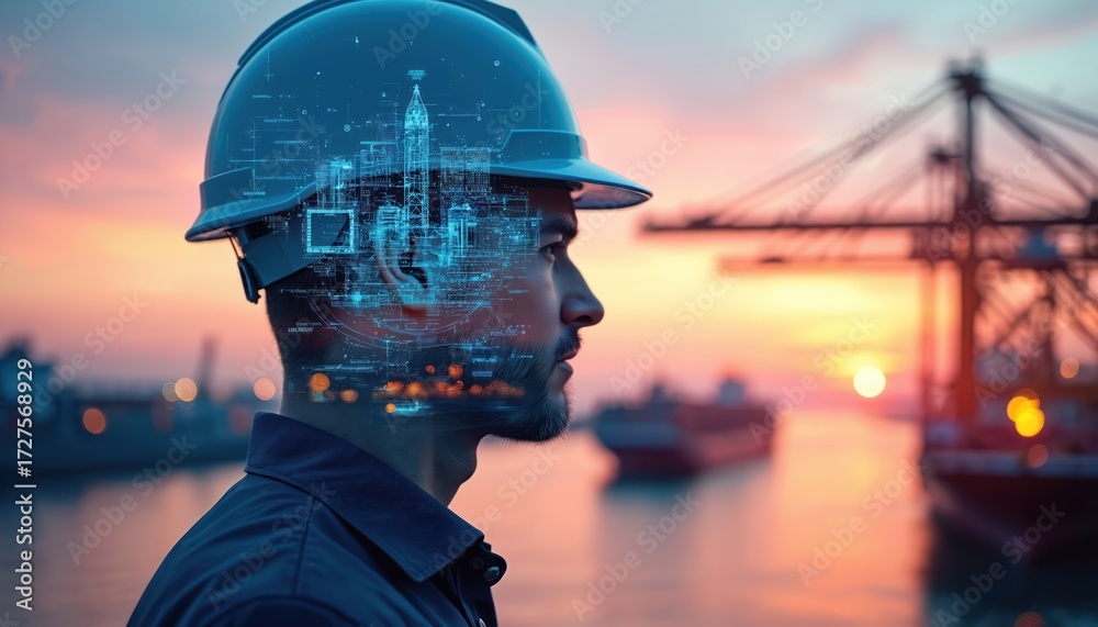 Engineer with hardhat displays digital twin tech overlay. Man plans ...