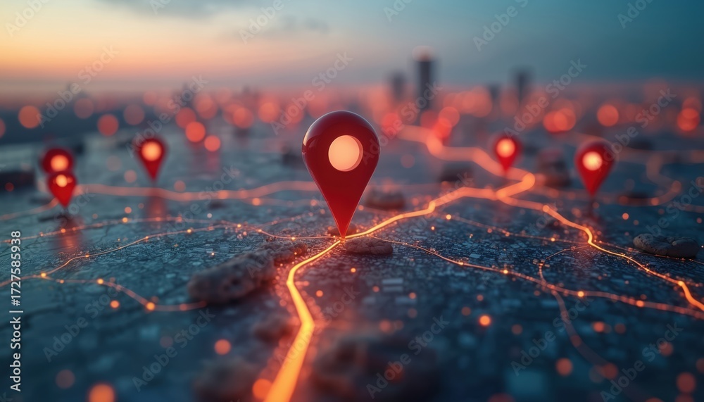 Digital map with glowing red location pins and light trails across city ...
