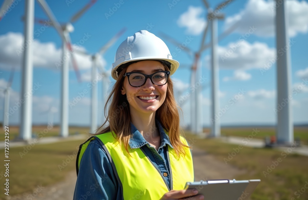 Woman engineer in hard hat and safety vest smiles holding clipboard at ...