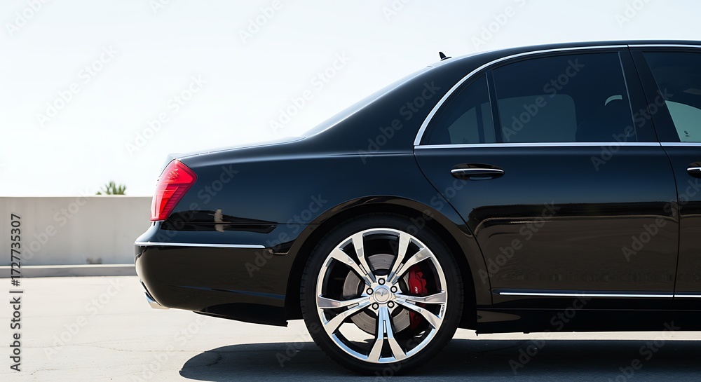 Side view on black full sized luxury car with tinted windows, chrome ...