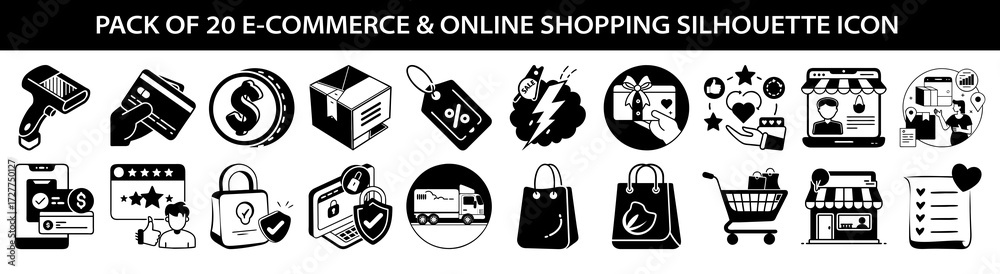 E-Commerce and Online Shopping Silhouette Icon Pack. Digital Retail ...