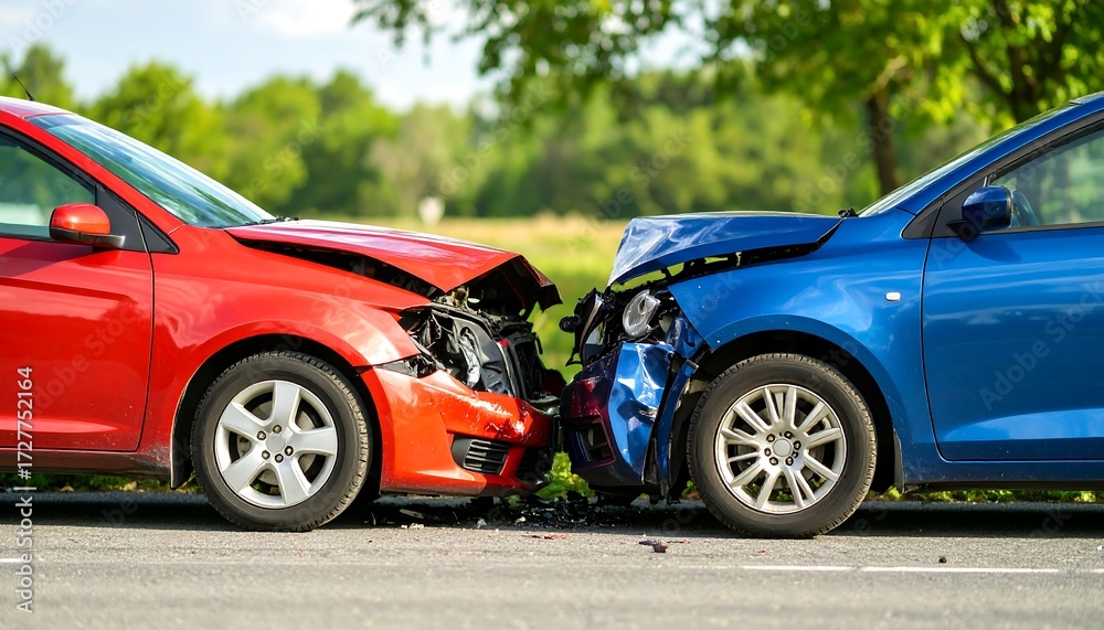 Car collision shows damaged red and blue cars on a road with trees in ...