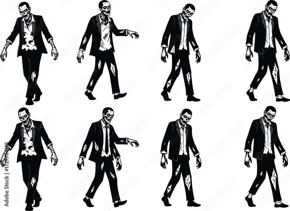 Zombie Character Sprite Sheet – Vector Silhouettes in Torn Suit for ...