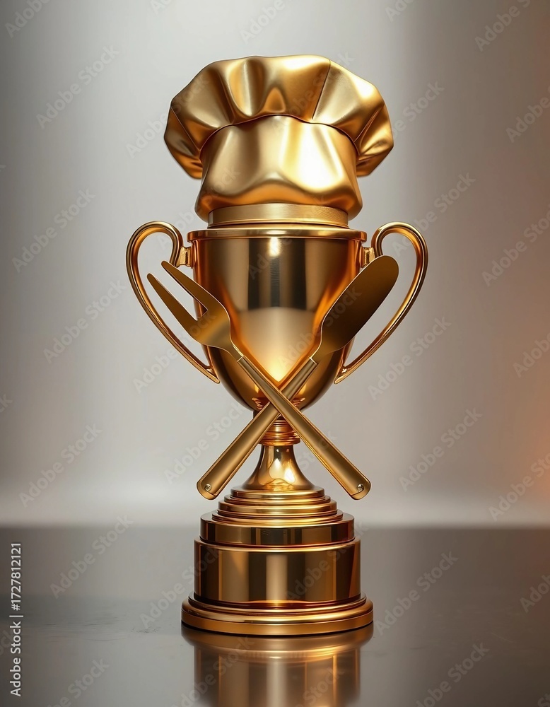 Golden cooking trophy with chef hat and crossed utensils, shiny ...