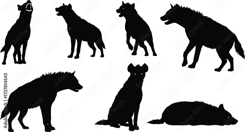 Hyena silhouette collection, seven wild animal poses, standing, walking ...