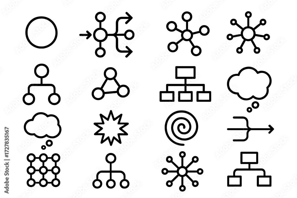 Mind Map Icons. Basic mind map icons in outline style: central circle ...
