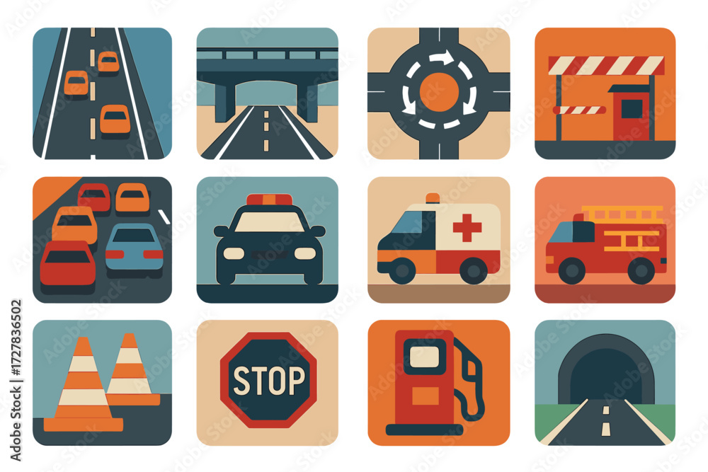 Traffic Icons. Traffic heavy street set of icons in abstract flat ...