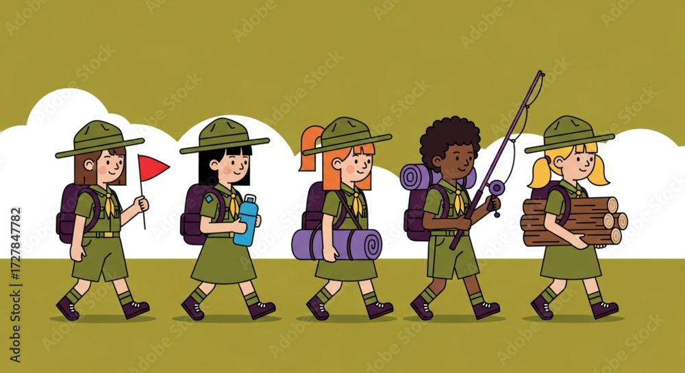 World Scout Day Group of diverse young girls in scout uniforms ...