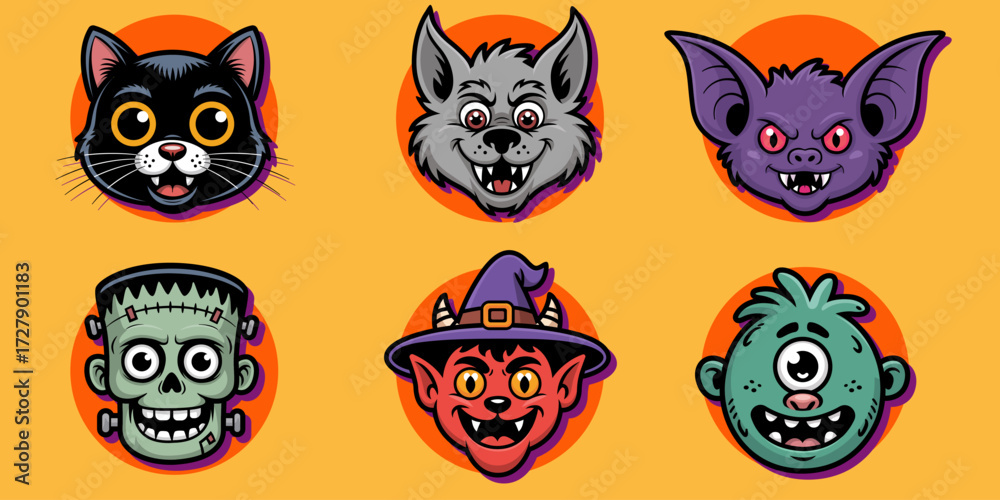 Halloween cartoon characters collection with monster, cat, werewolf ...
