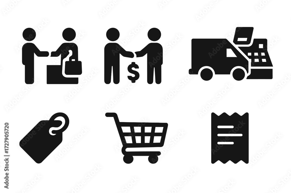 Market Activity Icons. Solid, filled icon set of market activities ...