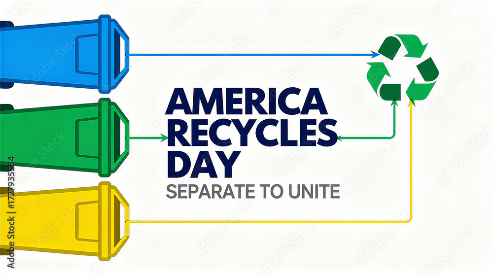 Different colored trash cans and recycling logos represent the unified ...