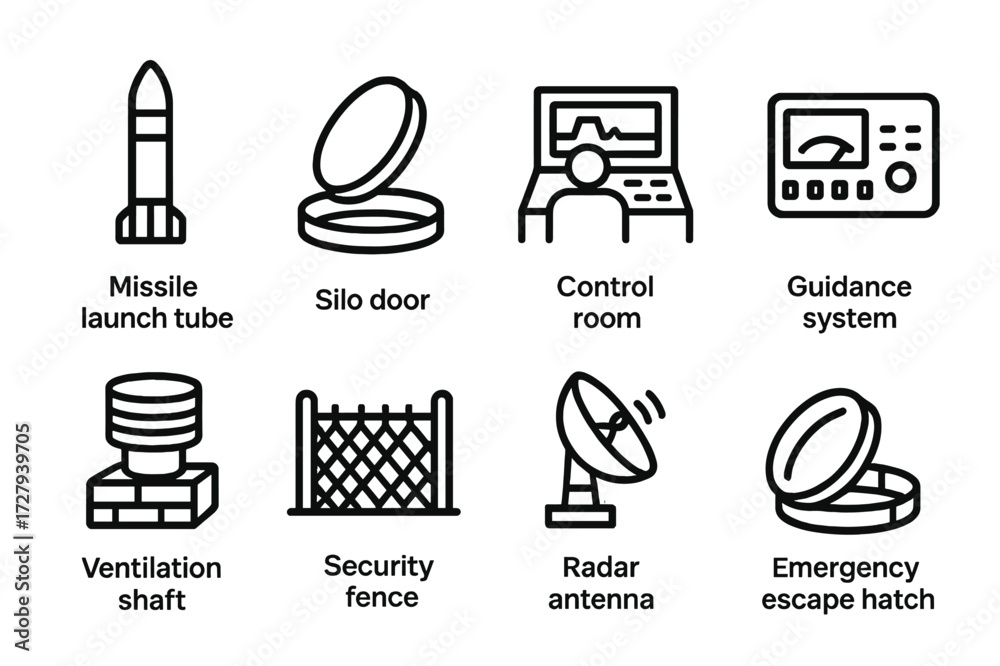 Missile Silo Icons. Outline icon set of missile silo components ...