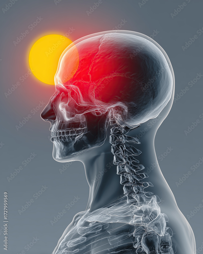 X ray skull profile with red highlighted temple pain and glowing sun ...