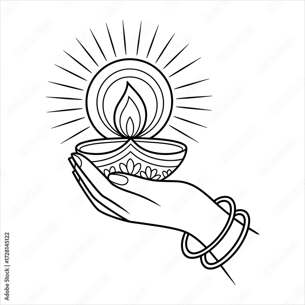 Diwali Diya Lamp in Hand Coloring Page, Festival of Lights Vector ...