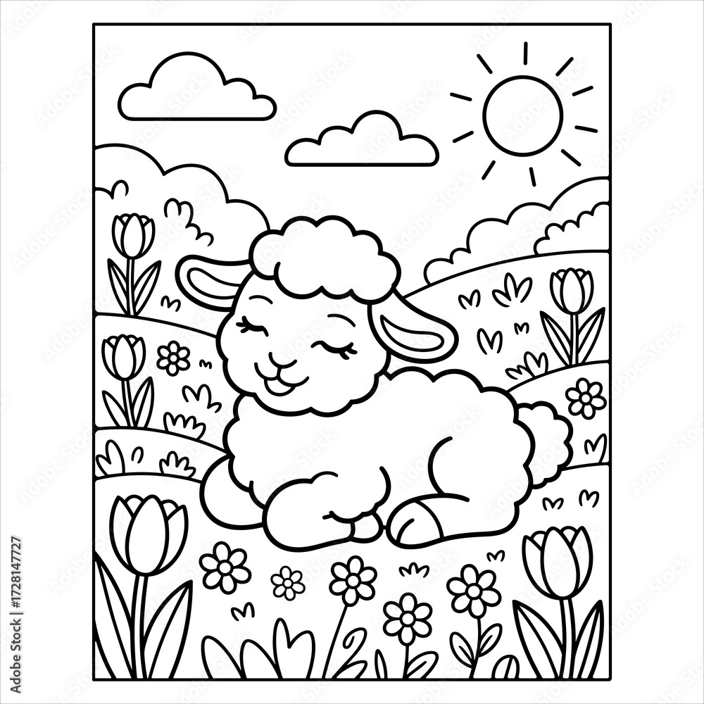 Cute Lamb Coloring Page Vector for Kids Printable Farm Animal ...