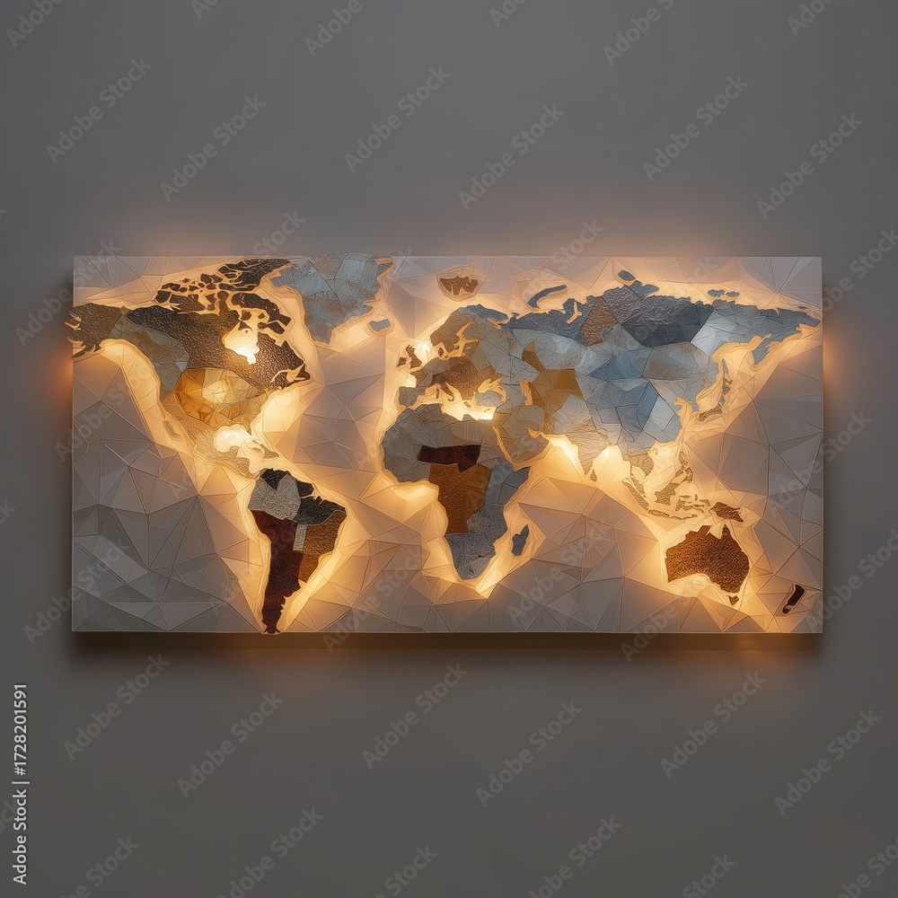 Stunning illuminated world map art with modern geometric design and ...