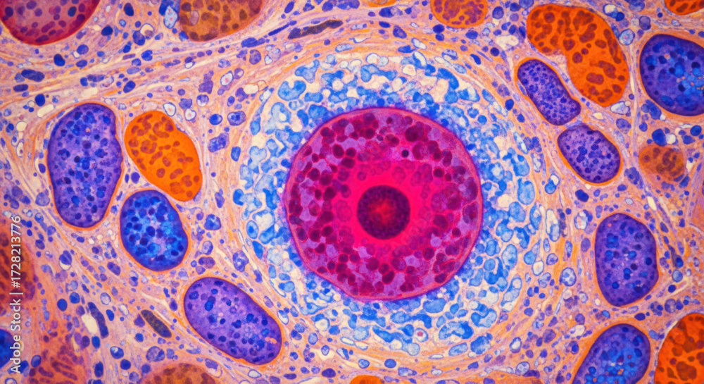 A microscopic view of a cell with a nucleus and multiple organelles ...