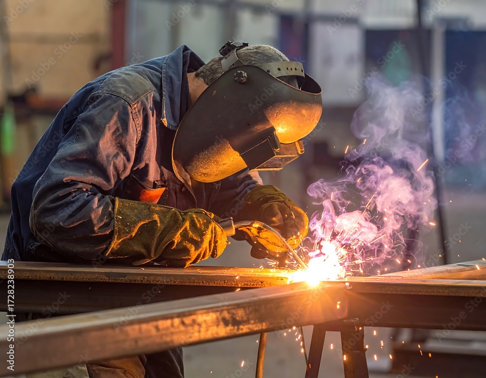 Metalworker welding a metal frame Stock Photo | Adobe Stock