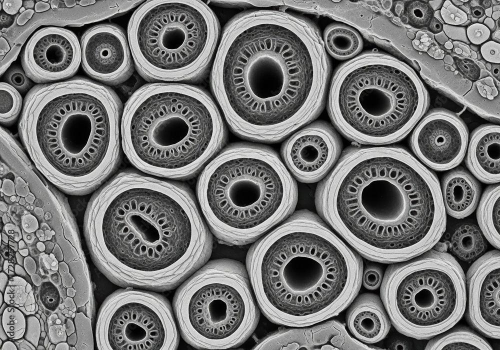 Hyper realistic depiction of lignified xylem fibers showing thickened ...